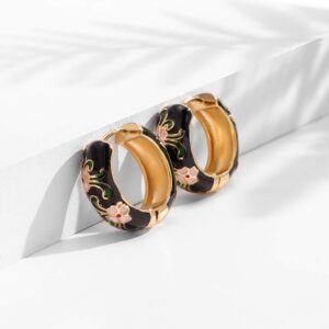 Vintage Enamel Huggie Hoop Earrings for Women Delicate Enamel Round Circle Hoop Earrings Trendy Flower CZ Earrings Jewelry-Black