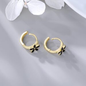 Reffeer Solid 925 Sterling Silver Daisy Flower Hoop Earrings Huggie for Women Black Flower Hoop Earrings Cartilage Helix Earrings (B-18K Gold)