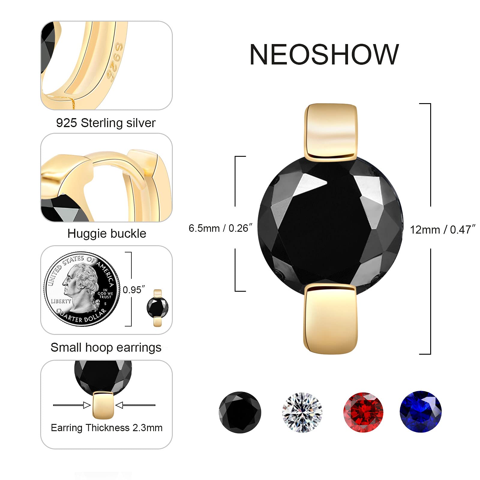 NEOSHOW Small Gold Hoop Earrings for Women 14k Real Gold Plated Cubic Zirconia Huggie Earrings Tiny Cute Cartilage Hypoallergenic Earrings Jewelry Gifts for Women (Black)