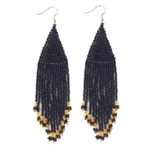 samiyack long native beaded earrings, big boho statement seed bead fringe dangle earrings for women, large bohemian handmade beaded tassel chandelier drop earrings (black bb)