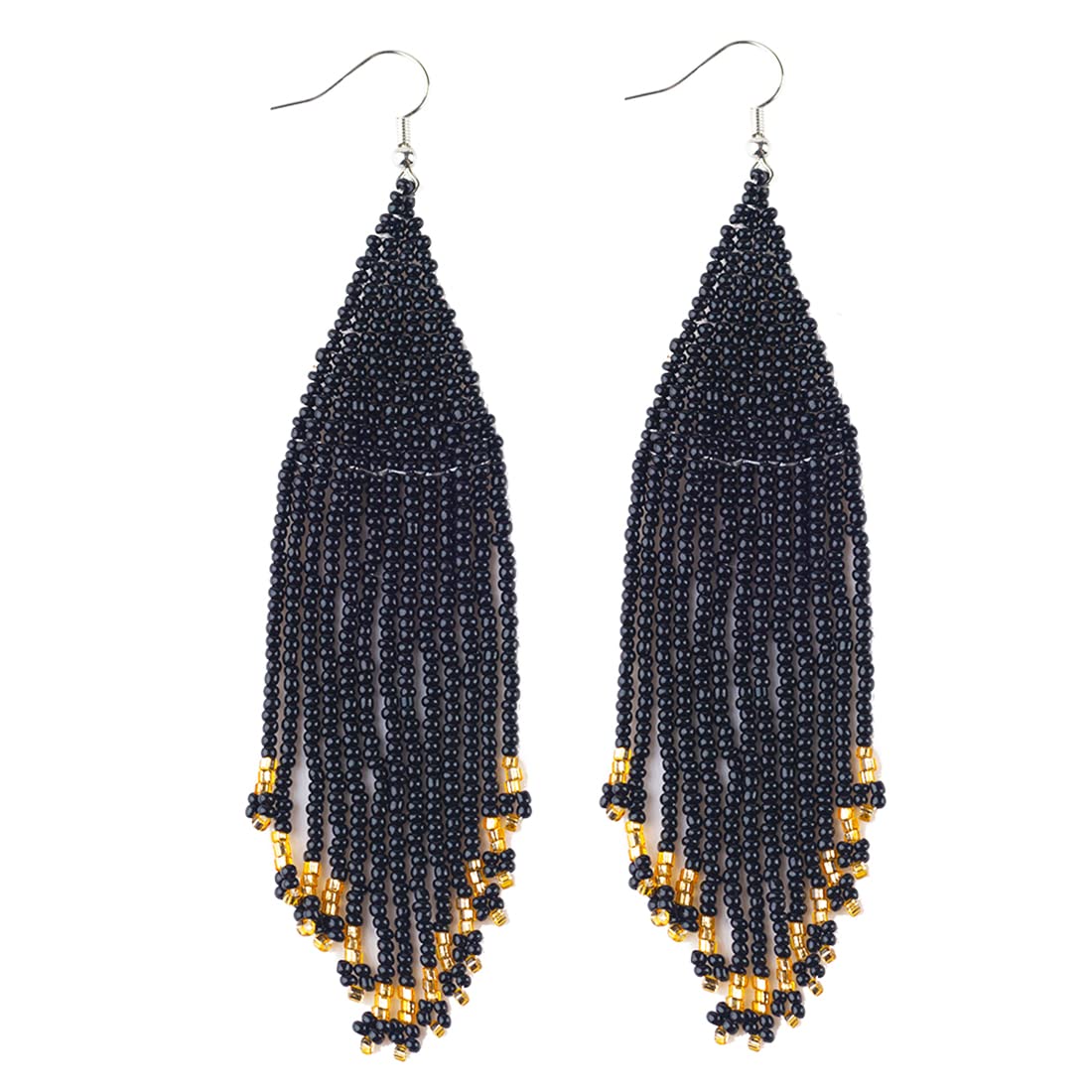 Samiyack Long Native Beaded Earrings, Big Boho Statement Seed Bead Fringe Dangle Earrings for Women, Large Bohemian Handmade Beaded Tassel Chandelier Drop Earrings (Black BB)