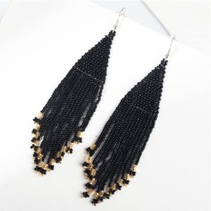 Samiyack Long Native Beaded Earrings, Big Boho Statement Seed Bead Fringe Dangle Earrings for Women, Large Bohemian Handmade Beaded Tassel Chandelier Drop Earrings (Black BB)