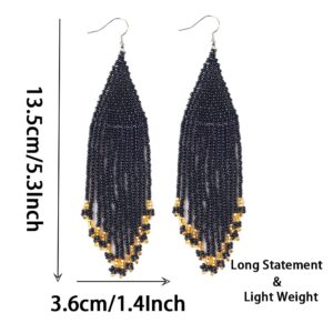 Samiyack Long Native Beaded Earrings, Big Boho Statement Seed Bead Fringe Dangle Earrings for Women, Large Bohemian Handmade Beaded Tassel Chandelier Drop Earrings (Black BB)