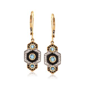 ross-simons 1.10 ct. t.w. multi-gemstone vintage-style drop earrings with black enamel in 14kt yellow gold