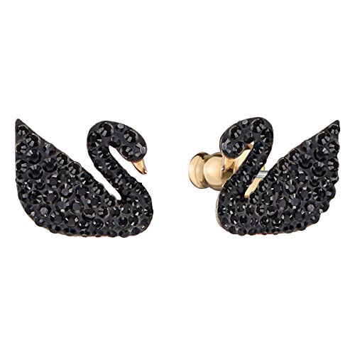 Swarovski Swan Pierced Earrings for Women, Swan Motif with Unique Earring Jackets, with Sparkling Black Crystals on a Rose-Gold Tone Plated Setting