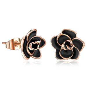 black flower earrings for women rose stud earring 18k gold plated hypoallergenic ear jewelry rose gold black small