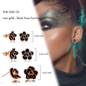 Black Flower Earrings for Women Rose Stud Earring 18K Gold Plated Hypoallergenic Ear Jewelry Rose Gold Black Small