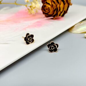 Black Flower Earrings for Women Rose Stud Earring 18K Gold Plated Hypoallergenic Ear Jewelry Rose Gold Black Small