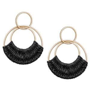 raffia hoop earrings for women fun boho summer beach earrings handmade straw wicker rattan dangle earrings statement geometric round drop earrings bohemian jewelry, black