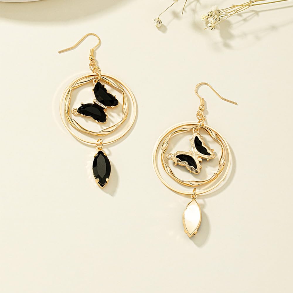 Black Butterfly Dangle Earrings for Women Green Gemstone Drop Gold Plated Earrings Fashion Jewelry Gifts Hypoallergenic