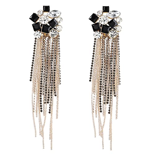 Kercisbeauty Metal Black Long Tassel Chandelier Gold Earrings Sparkle Crystal Women Prom Wedding Earrings (Black and Gold)