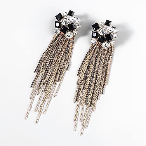 Kercisbeauty Metal Black Long Tassel Chandelier Gold Earrings Sparkle Crystal Women Prom Wedding Earrings (Black and Gold)