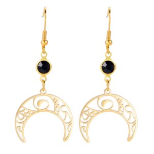 teamer stainless steel crescent goddess black birthstone witches knot earrings triple moon wicca pentagram gothic celtic knot drop earrings (moon - gold)