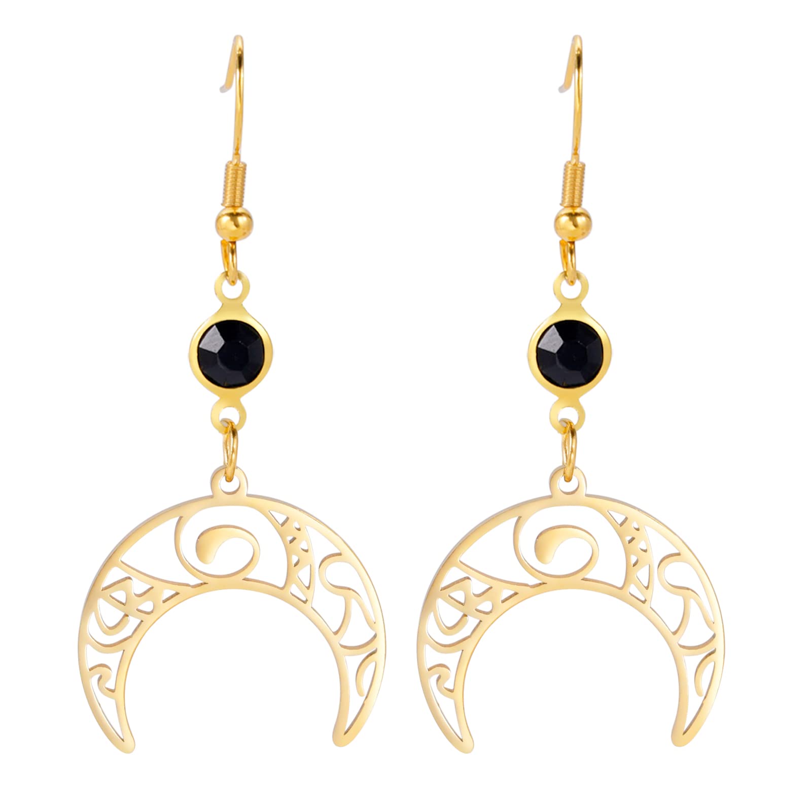 TEAMER Stainless Steel Crescent Goddess Black Birthstone Witches Knot Earrings Triple Moon Wicca Pentagram Gothic Celtic Knot Drop Earrings (Moon - Gold)