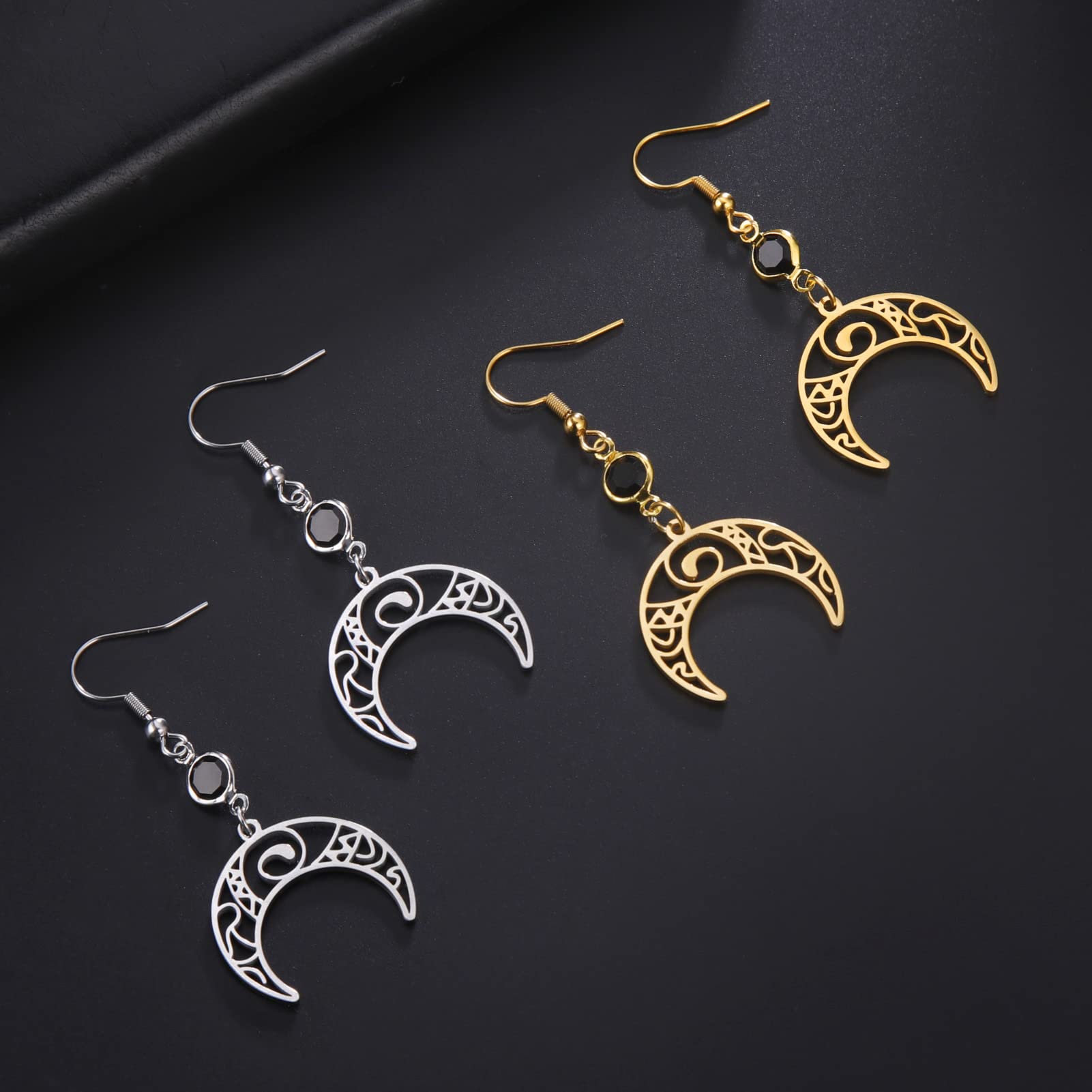 TEAMER Stainless Steel Crescent Goddess Black Birthstone Witches Knot Earrings Triple Moon Wicca Pentagram Gothic Celtic Knot Drop Earrings (Moon - Gold)