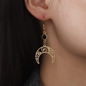 TEAMER Stainless Steel Crescent Goddess Black Birthstone Witches Knot Earrings Triple Moon Wicca Pentagram Gothic Celtic Knot Drop Earrings (Moon - Gold)