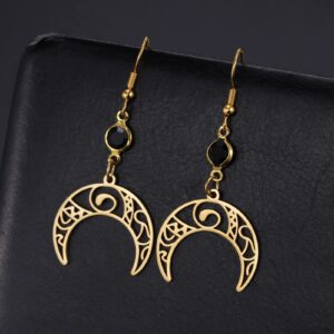 TEAMER Stainless Steel Crescent Goddess Black Birthstone Witches Knot Earrings Triple Moon Wicca Pentagram Gothic Celtic Knot Drop Earrings (Moon - Gold)