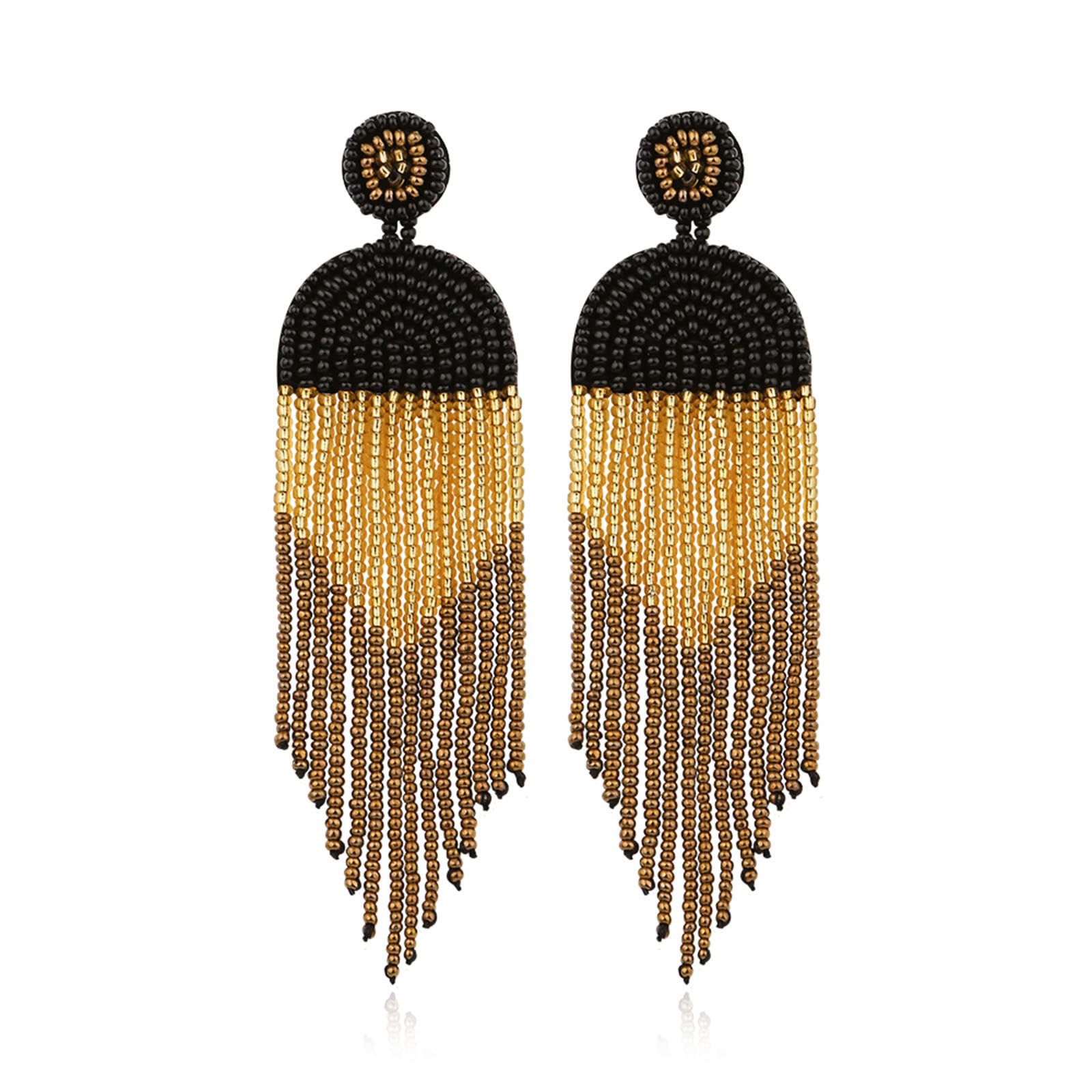 DoreenBow Long Beaded Tassel Earrings Boho Beaded Fringe Earrings Black Gold Bead Dangle Drop Earrings Native American Indian Earrings for Women and Girls