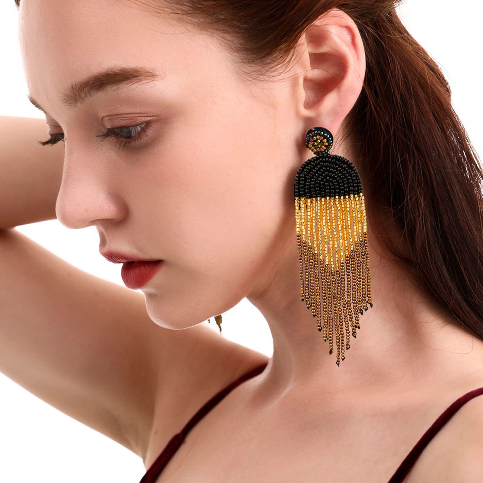 DoreenBow Long Beaded Tassel Earrings Boho Beaded Fringe Earrings Black Gold Bead Dangle Drop Earrings Native American Indian Earrings for Women and Girls