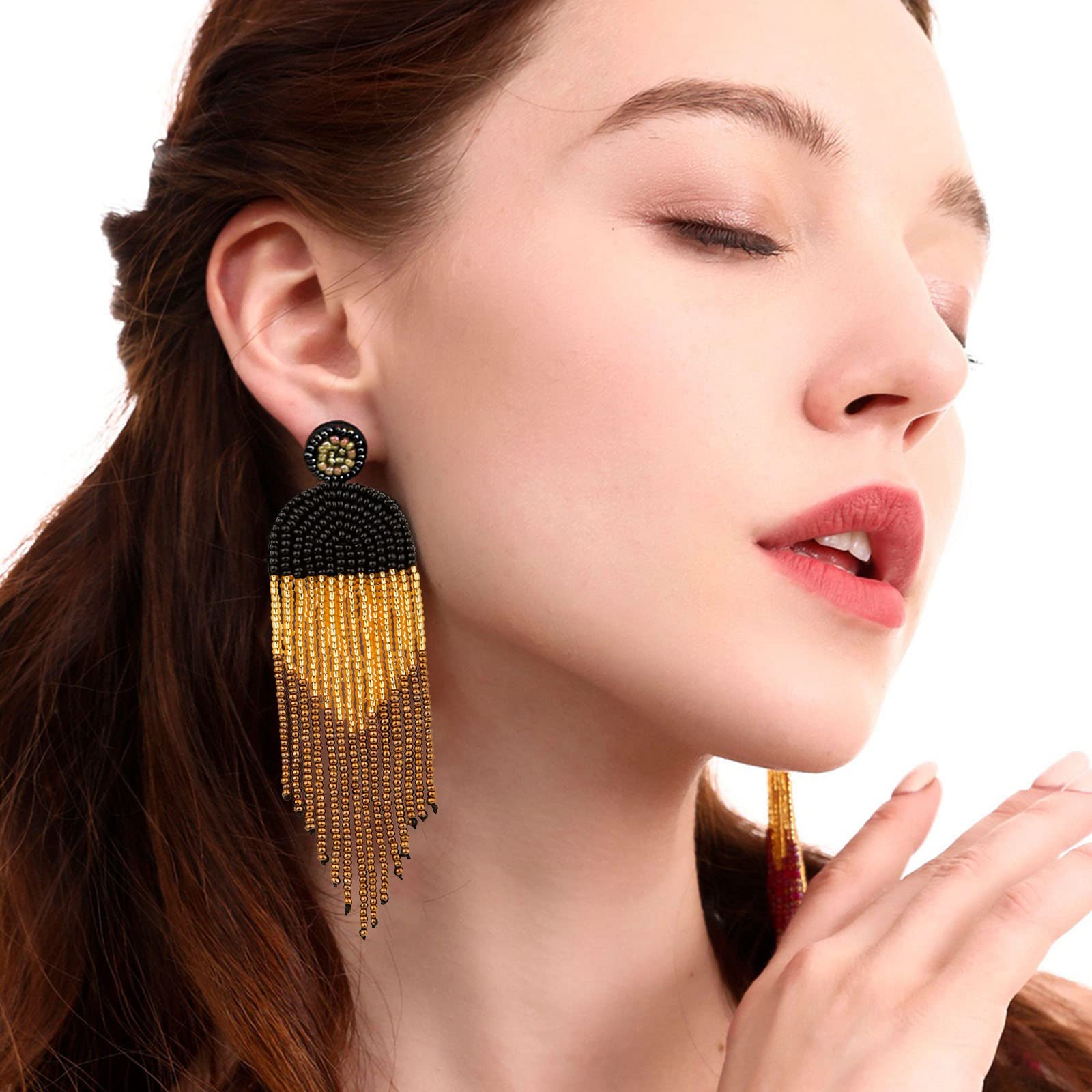 DoreenBow Long Beaded Tassel Earrings Boho Beaded Fringe Earrings Black Gold Bead Dangle Drop Earrings Native American Indian Earrings for Women and Girls