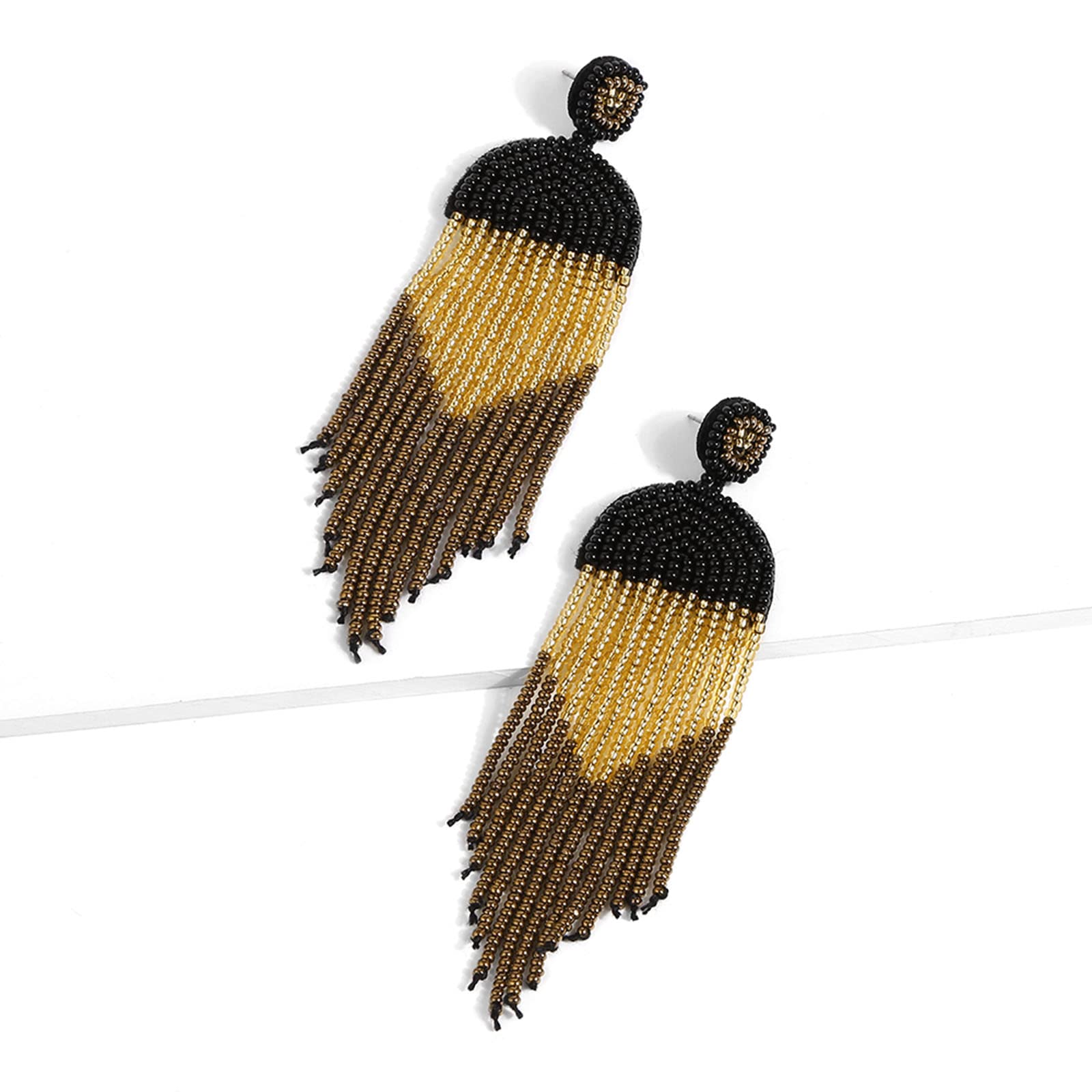 DoreenBow Long Beaded Tassel Earrings Boho Beaded Fringe Earrings Black Gold Bead Dangle Drop Earrings Native American Indian Earrings for Women and Girls