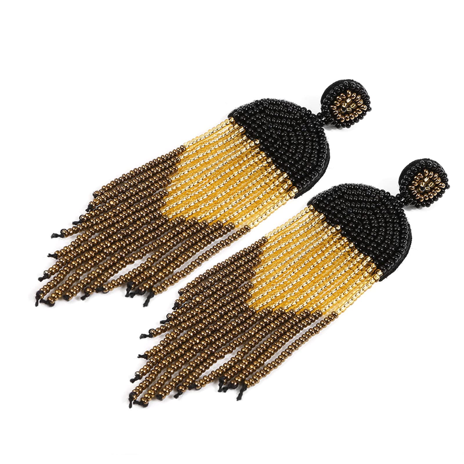 DoreenBow Long Beaded Tassel Earrings Boho Beaded Fringe Earrings Black Gold Bead Dangle Drop Earrings Native American Indian Earrings for Women and Girls