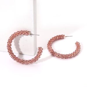 Rhinestone Hoop Earring Sparkly Crystal Wrapped Hoop Dangle Earrings for Women Statement Boho Gold Black Plated CZ Diamonds Hoop Earring Holiday Gifts (rose gold hoop+pink crystal)