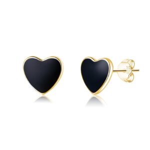 sluynz 925 sterling silver black heart earrings studs for women 8mm heart studs earrings (b-gold plated)