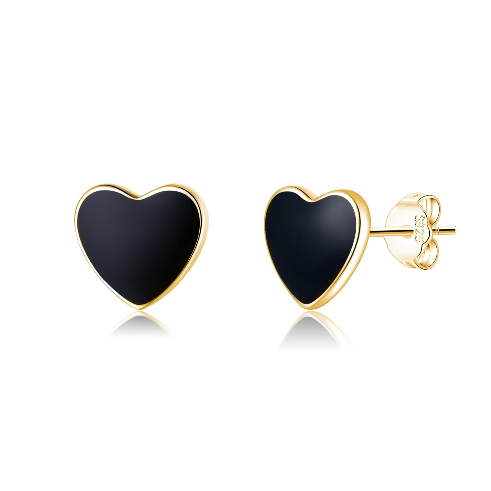 SLUYNZ 925 Sterling Silver Black Heart Earrings Studs for Women 8MM Heart Studs Earrings (B-Gold Plated)