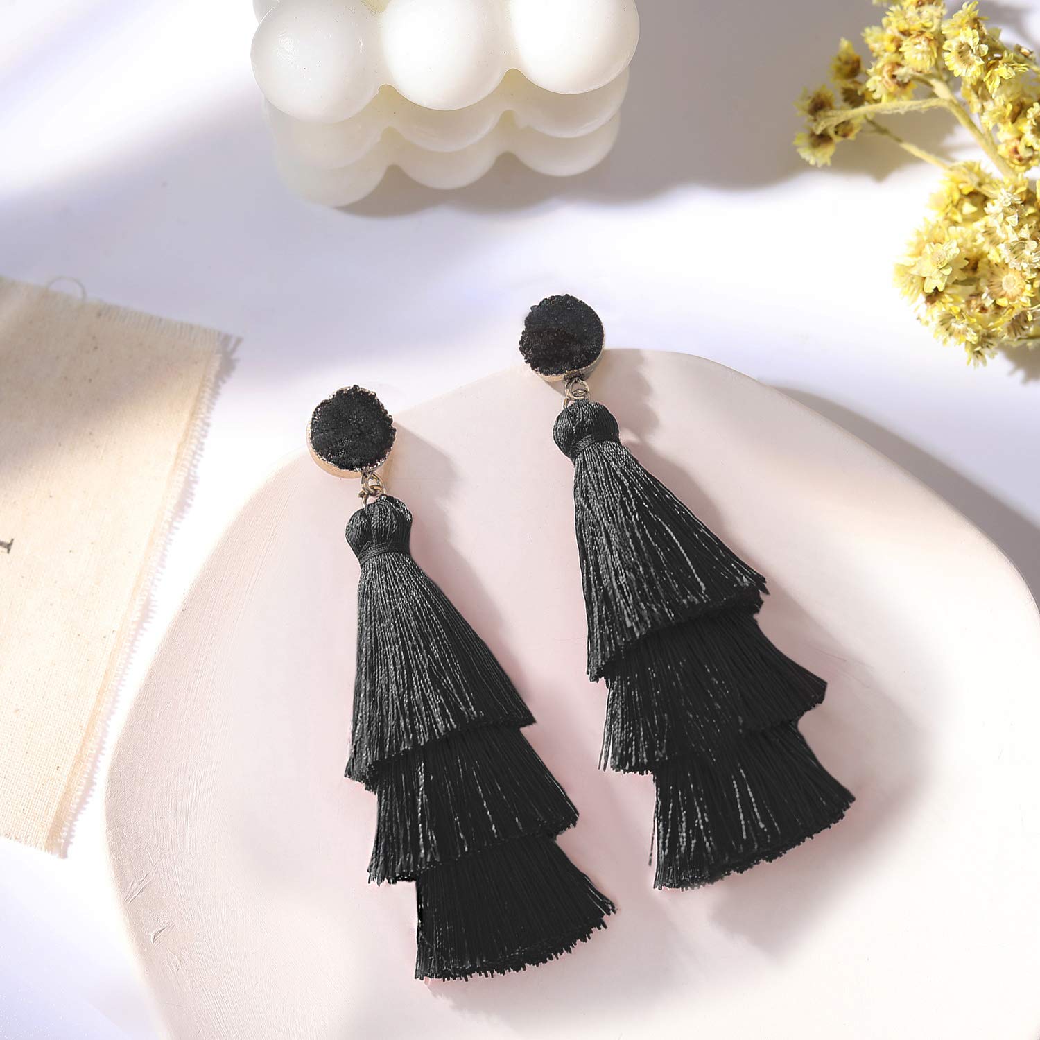 Jugalstar Colorful Tassel Earrings 3 Tier Layered Bohemian, Eardrop Big Dangle Drop Fashion Jewelry Fringe Earrings for Women Teen Girls Valentine Christmas New Year Gift (A:Black)