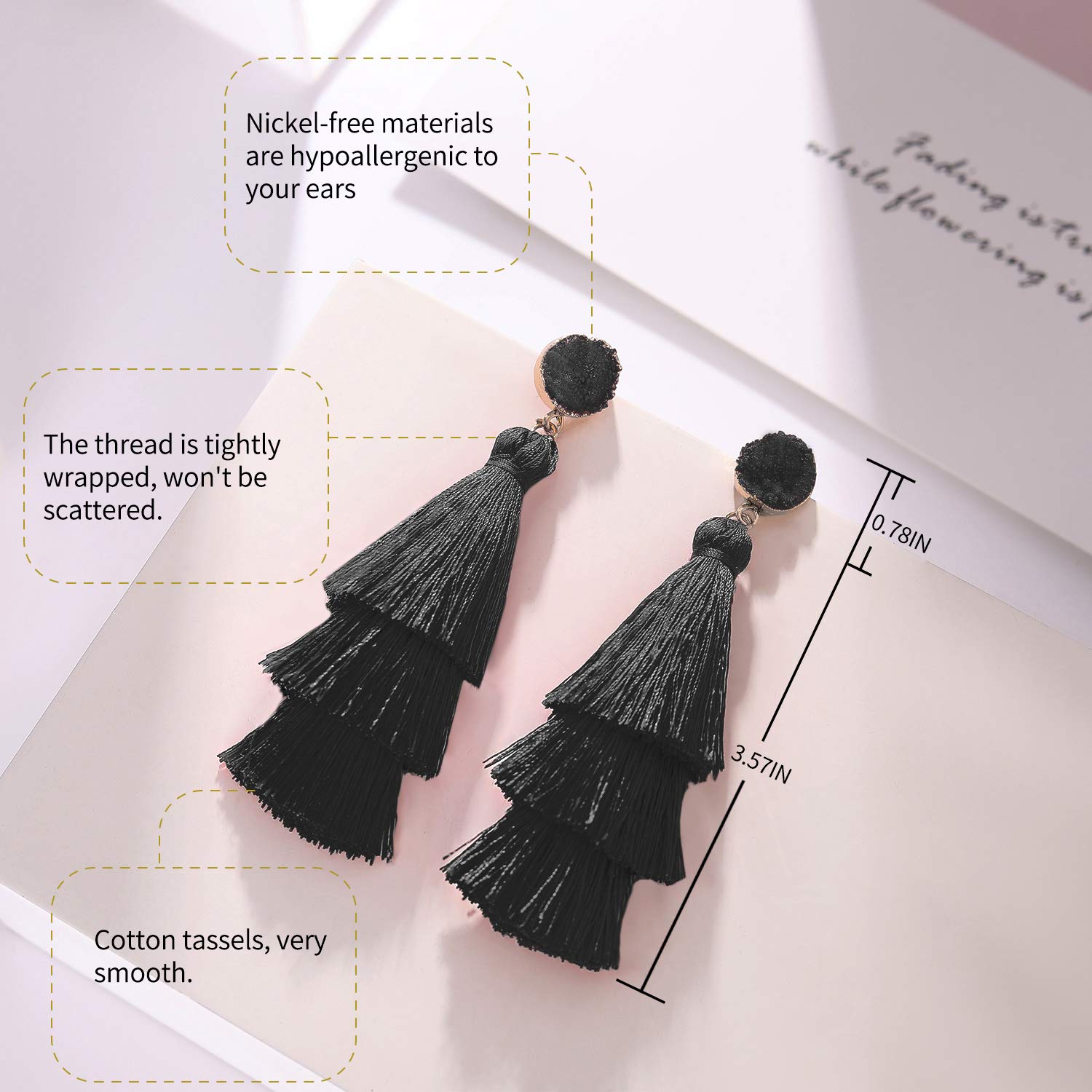 Jugalstar Colorful Tassel Earrings 3 Tier Layered Bohemian, Eardrop Big Dangle Drop Fashion Jewelry Fringe Earrings for Women Teen Girls Valentine Christmas New Year Gift (A:Black)