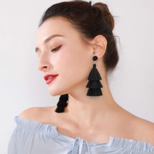 Jugalstar Colorful Tassel Earrings 3 Tier Layered Bohemian, Eardrop Big Dangle Drop Fashion Jewelry Fringe Earrings for Women Teen Girls Valentine Christmas New Year Gift (A:Black)