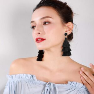 Jugalstar Colorful Tassel Earrings 3 Tier Layered Bohemian, Eardrop Big Dangle Drop Fashion Jewelry Fringe Earrings for Women Teen Girls Valentine Christmas New Year Gift (A:Black)