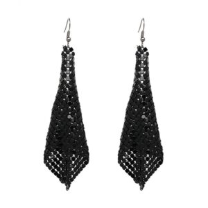 chunyanan metal mesh grid sequins gold tassel long drop dangle earrings for women fashion charm tassel earrings jewelry gift (black tassel long drop earrings)