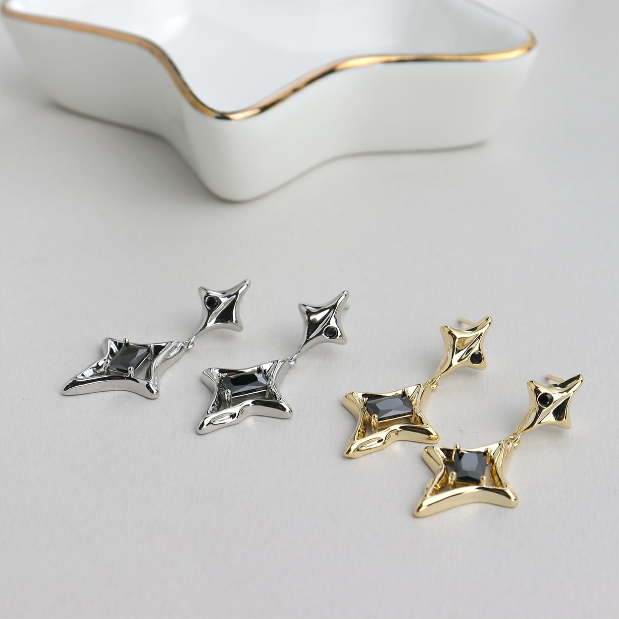 Sonateomber Gold Star Drop Dangle Earrings for Women - Cute Sparkly Black Rhinestone CZ Birthstone Crystal Lucky Four-point Star Dangling Hypoallergenic Stud Fashion Wedding Bridal Prom Birthday Accessories Jewelry Gift