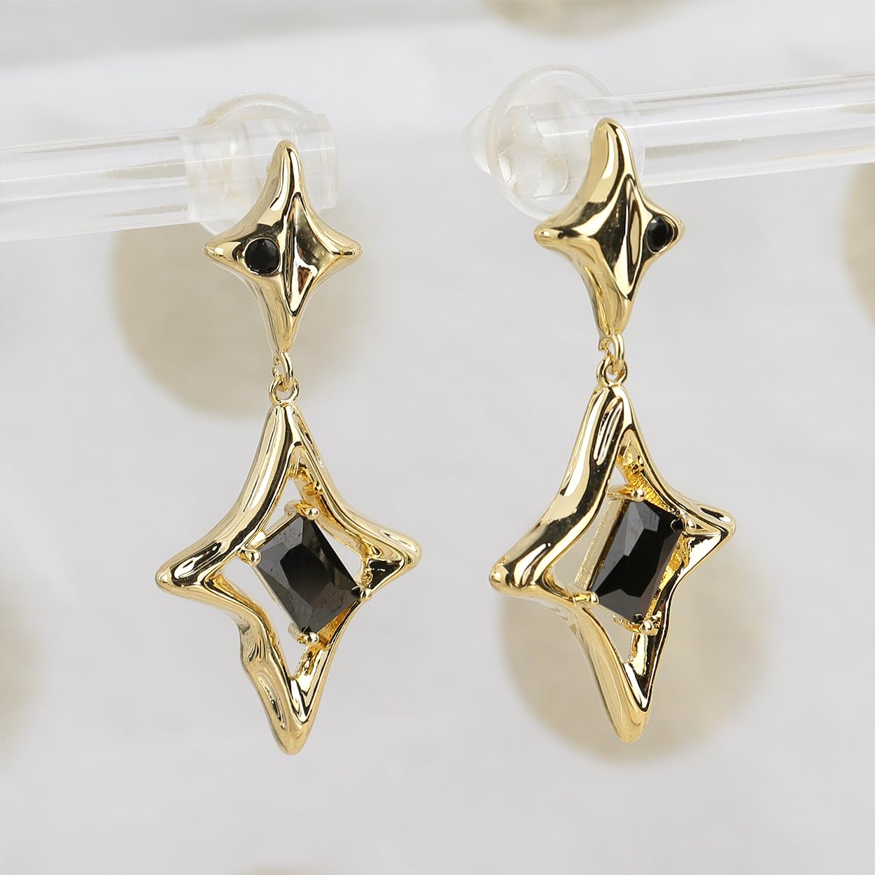 Sonateomber Gold Star Drop Dangle Earrings for Women - Cute Sparkly Black Rhinestone CZ Birthstone Crystal Lucky Four-point Star Dangling Hypoallergenic Stud Fashion Wedding Bridal Prom Birthday Accessories Jewelry Gift