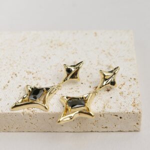 Sonateomber Gold Star Drop Dangle Earrings for Women - Cute Sparkly Black Rhinestone CZ Birthstone Crystal Lucky Four-point Star Dangling Hypoallergenic Stud Fashion Wedding Bridal Prom Birthday Accessories Jewelry Gift