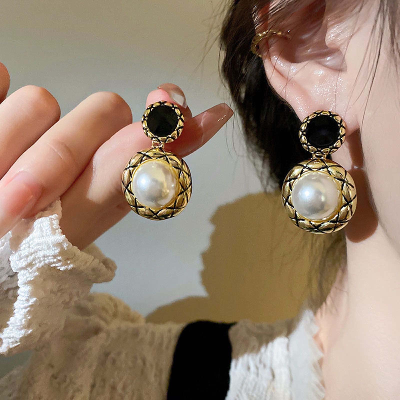 YienDoo Vintage Pearl Dangle Drop Earrings Gold Big Pearl Drop Earrings Black Stud Statement Pearl Dangle Earrings Wedding Bridal Pearl Earrings Prom Earrings Jewelry for Women and Girls