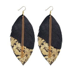 bohemian feather dangle earrings leather long fashion earrings for women girls-black gold