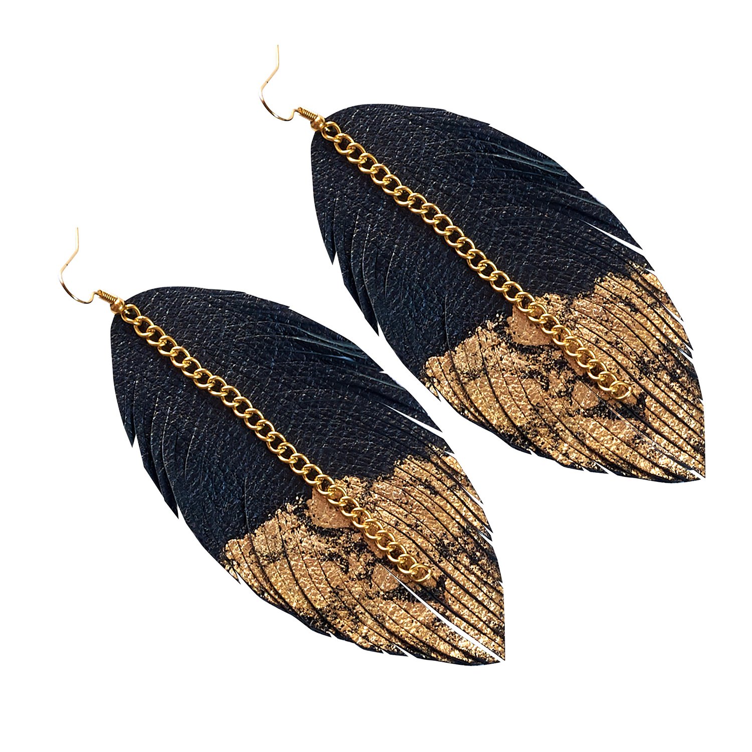 Bohemian Feather Dangle Earrings Leather Long Fashion Earrings for Women Girls-Black Gold