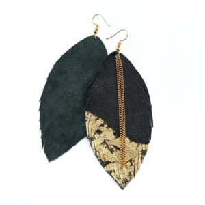 Bohemian Feather Dangle Earrings Leather Long Fashion Earrings for Women Girls-Black Gold