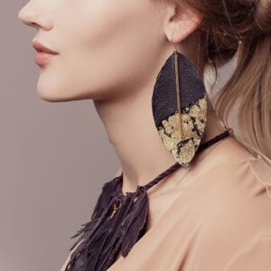 Bohemian Feather Dangle Earrings Leather Long Fashion Earrings for Women Girls-Black Gold