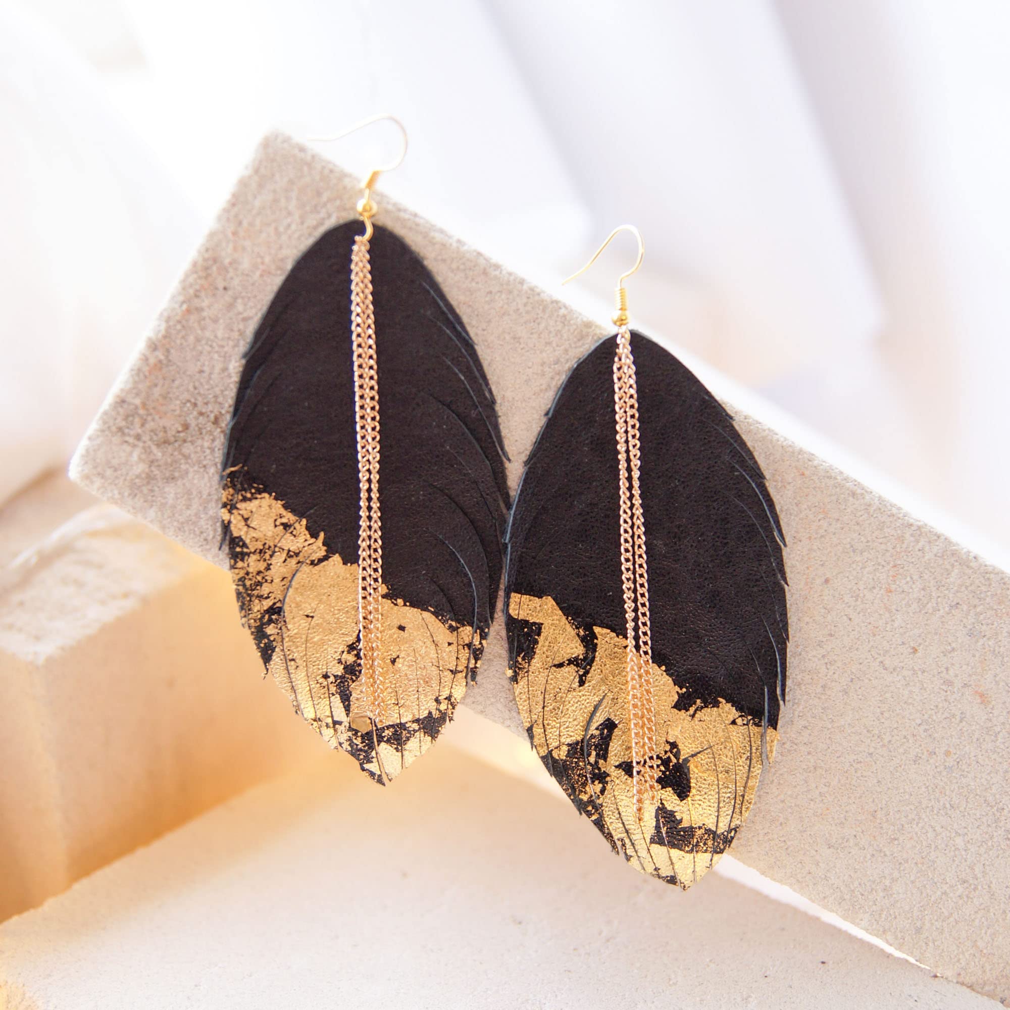 Bohemian Feather Dangle Earrings Leather Long Fashion Earrings for Women Girls-Black Gold