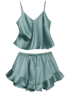 soly hux women's sexy silk satin ruffled pajamas sets cami shorts sets sleepwear cadet blue l