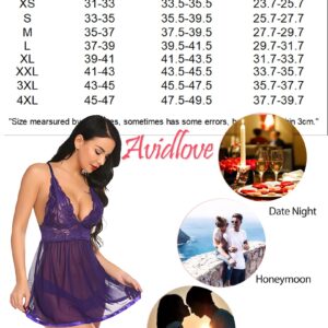 Avidlove Women V-neck Lace Babydoll Mesh Chemise Sleepwear Sexy Open Back Lingerie Purple Small