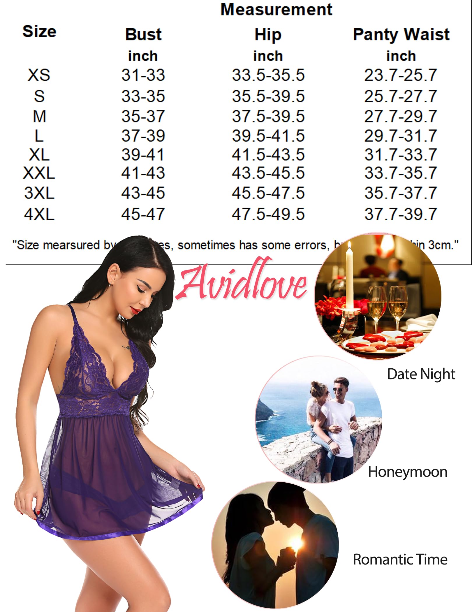 Avidlove Women V-neck Lace Babydoll Mesh Chemise Sleepwear Sexy Open Back Lingerie Purple Small