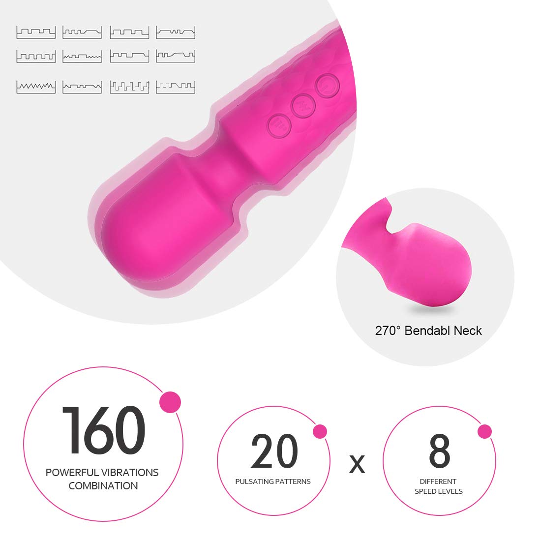 Female Vibrator, G-Spot & Sex Toy, 20 Modes & 8 Speeds Wand Massager, Quiet, Waterproof, USB Rechargeable Vibrator, Hand-Held Cordless Sex Toys Vibrator for Her Pleasure, Female Adult Toy - Rose