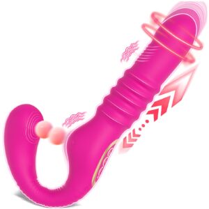 thrusting strapless strap on g spot dildo vibrator, 4 in 1 rotating tapping vibrating double ended dildo lesbian pegging women couples adult sex toys, silicone anal dildos vibrators, female sex toy