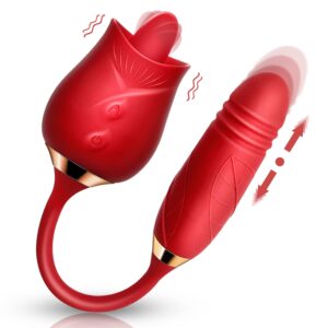 rose toy vibrator for woman - 3 in 1 clitoral stimulator tongue licking thrusting g spot dildo 9 modes, adult sex toys games , clitoris nipple licker women man couple, red, 1.0 count