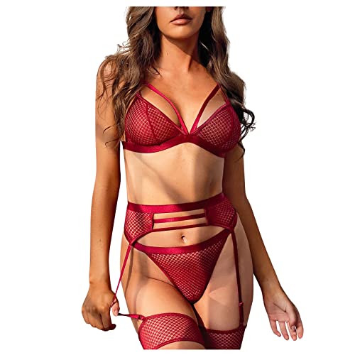 Stripper Outfits Exotic Sets, Black Lingerie Set Sec Toys Naughty Lingerie Costumes Women's Sexy Solid Color Netted Lace Gathering Three-Piece Suit Belt Valentines Day Outfit Body (XL, Wine)